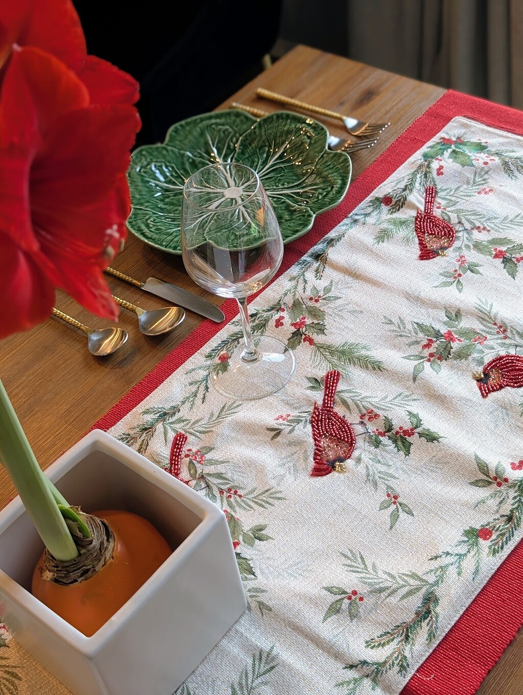 Set of 2 Red Table Runners with Pine Branch & Red Berry Embroidery and ...