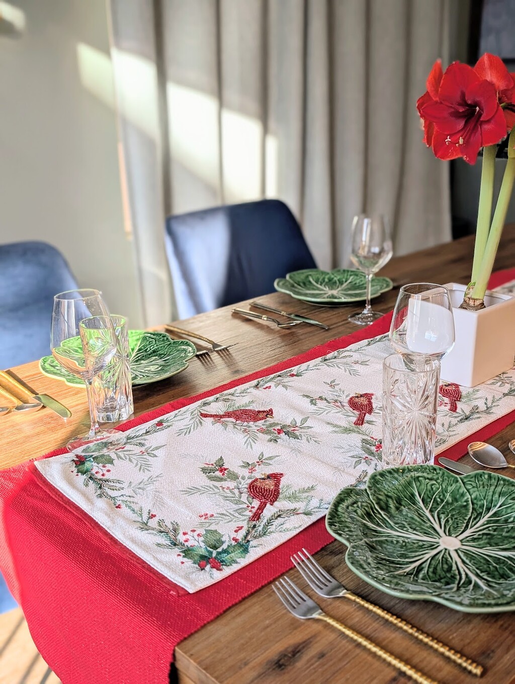 Set of 2 Red Table Runners with Pine Branch & Red Berry Embroidery and ...